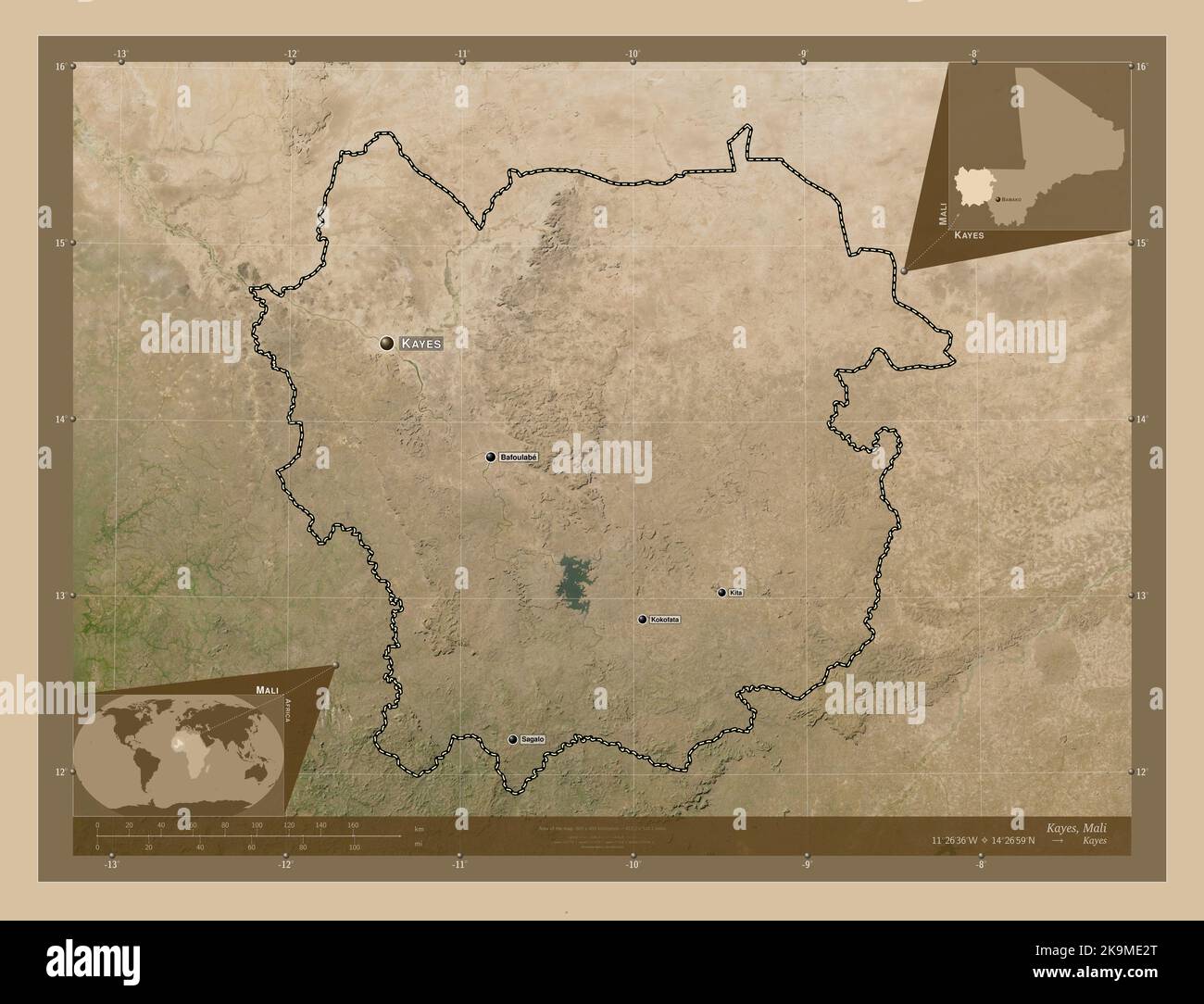 Kayes, region of Mali. Low resolution satellite map. Locations and ...
