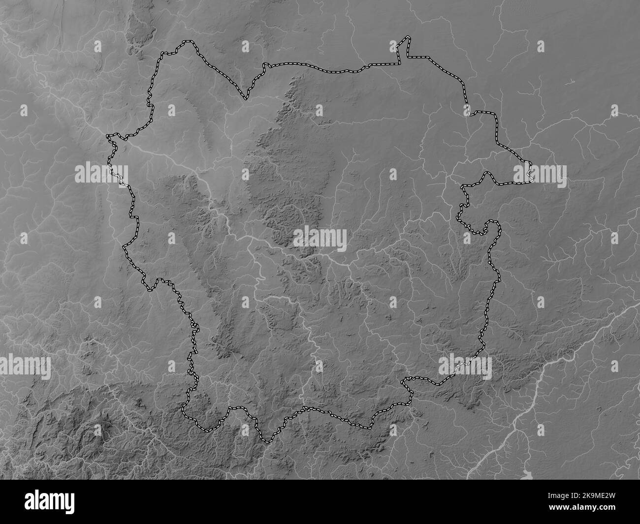 Kayes, region of Mali. Grayscale elevation map with lakes and rivers ...