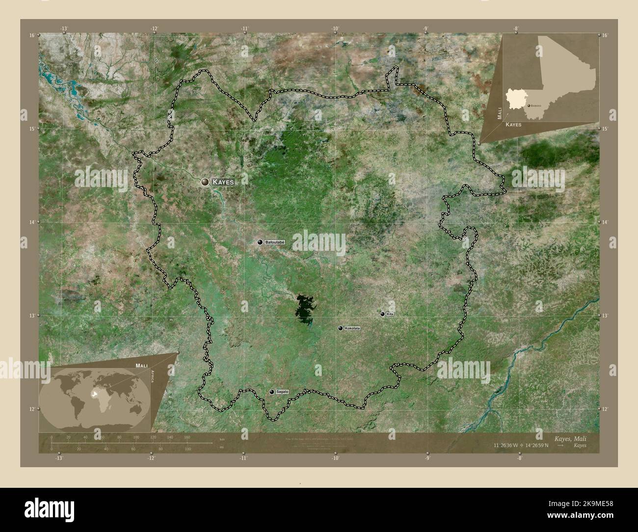 Kayes, region of Mali. High resolution satellite map. Locations and ...