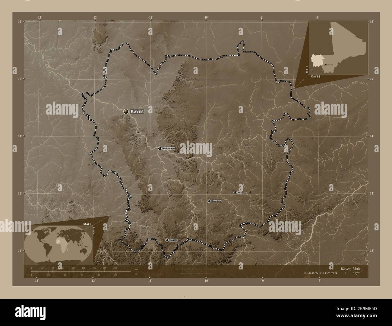 Kayes, region of Mali. Elevation map colored in sepia tones with lakes ...
