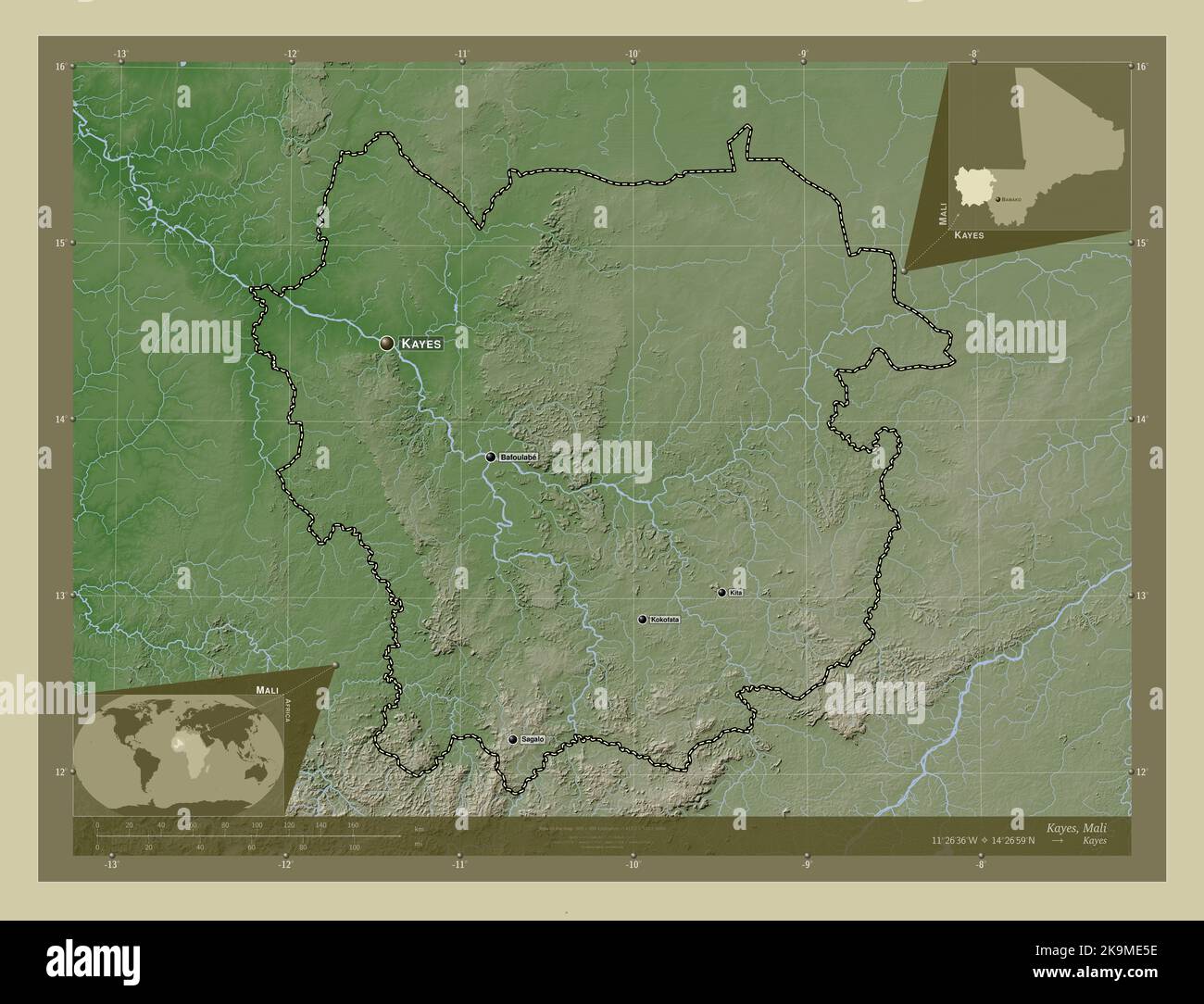 Kayes, region of Mali. Elevation map colored in wiki style with lakes ...
