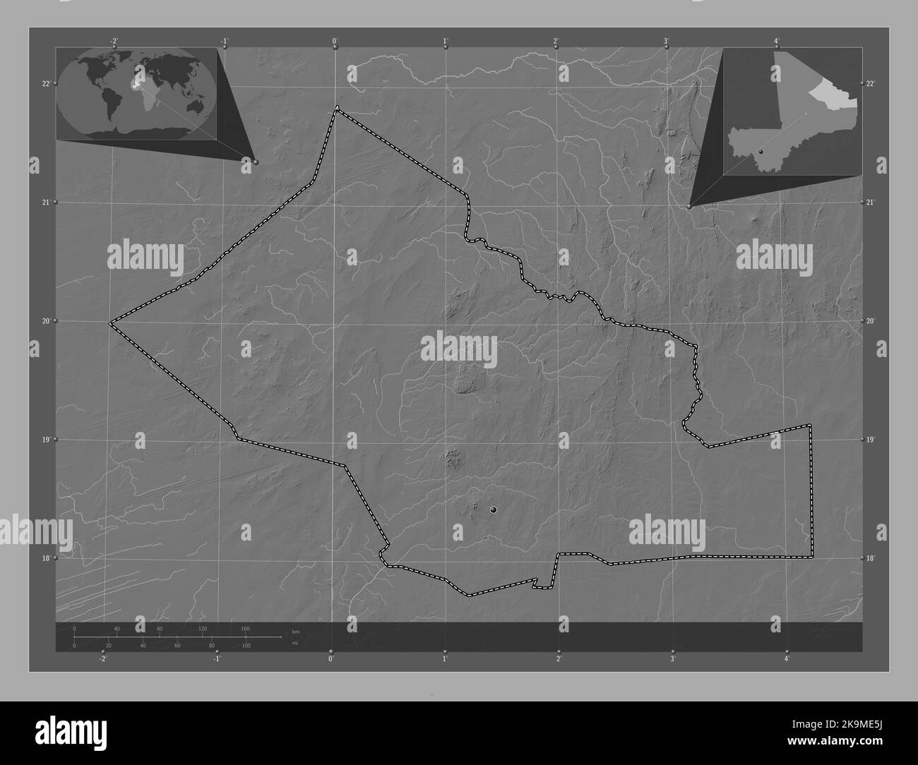 Kidal, region of Mali. Bilevel elevation map with lakes and rivers ...