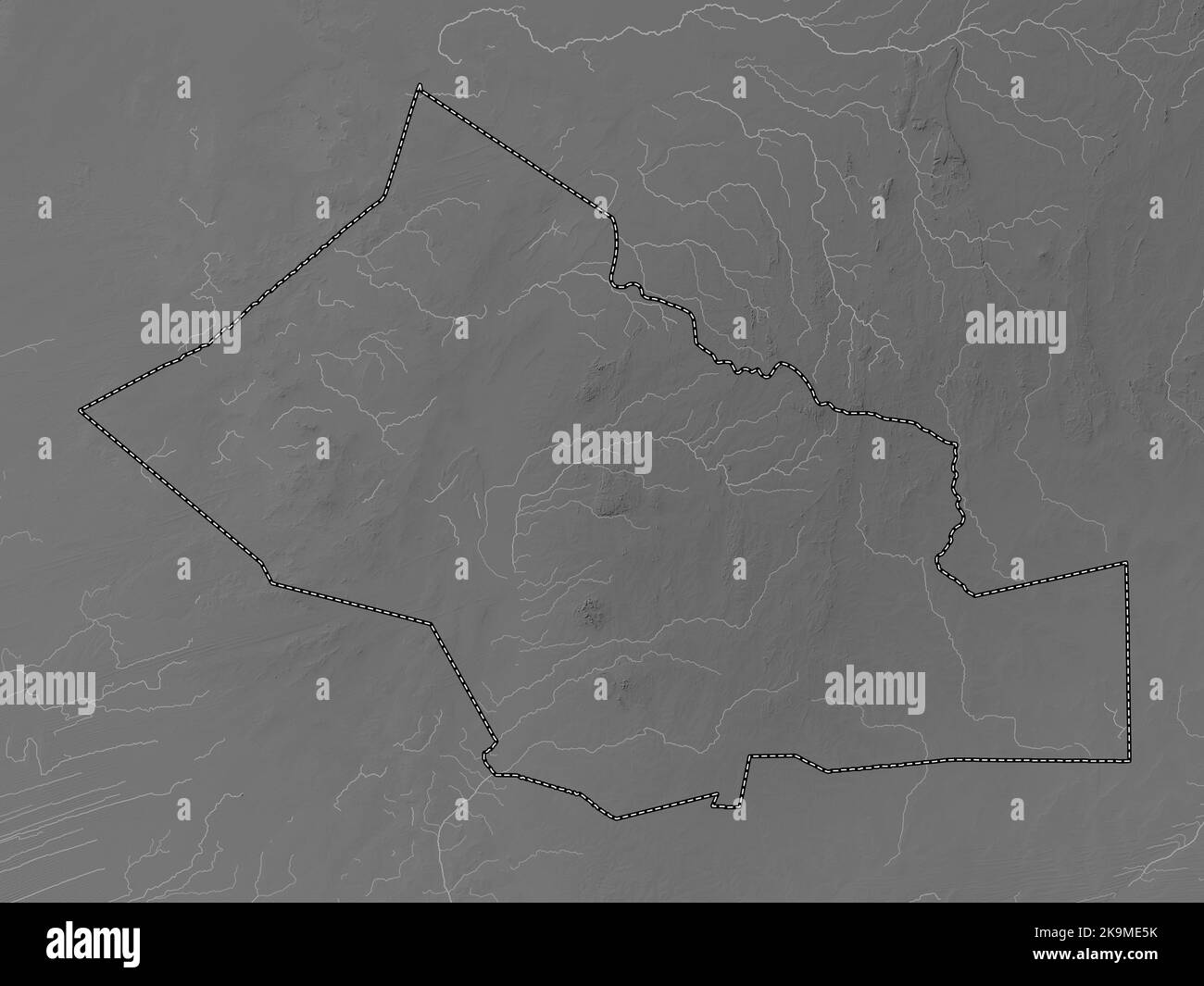 Kidal, region of Mali. Grayscale elevation map with lakes and rivers ...