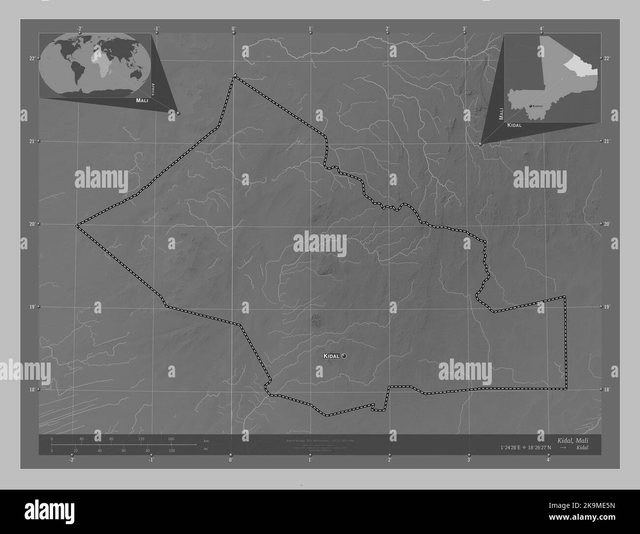 Kidal, region of Mali. Grayscale elevation map with lakes and rivers ...