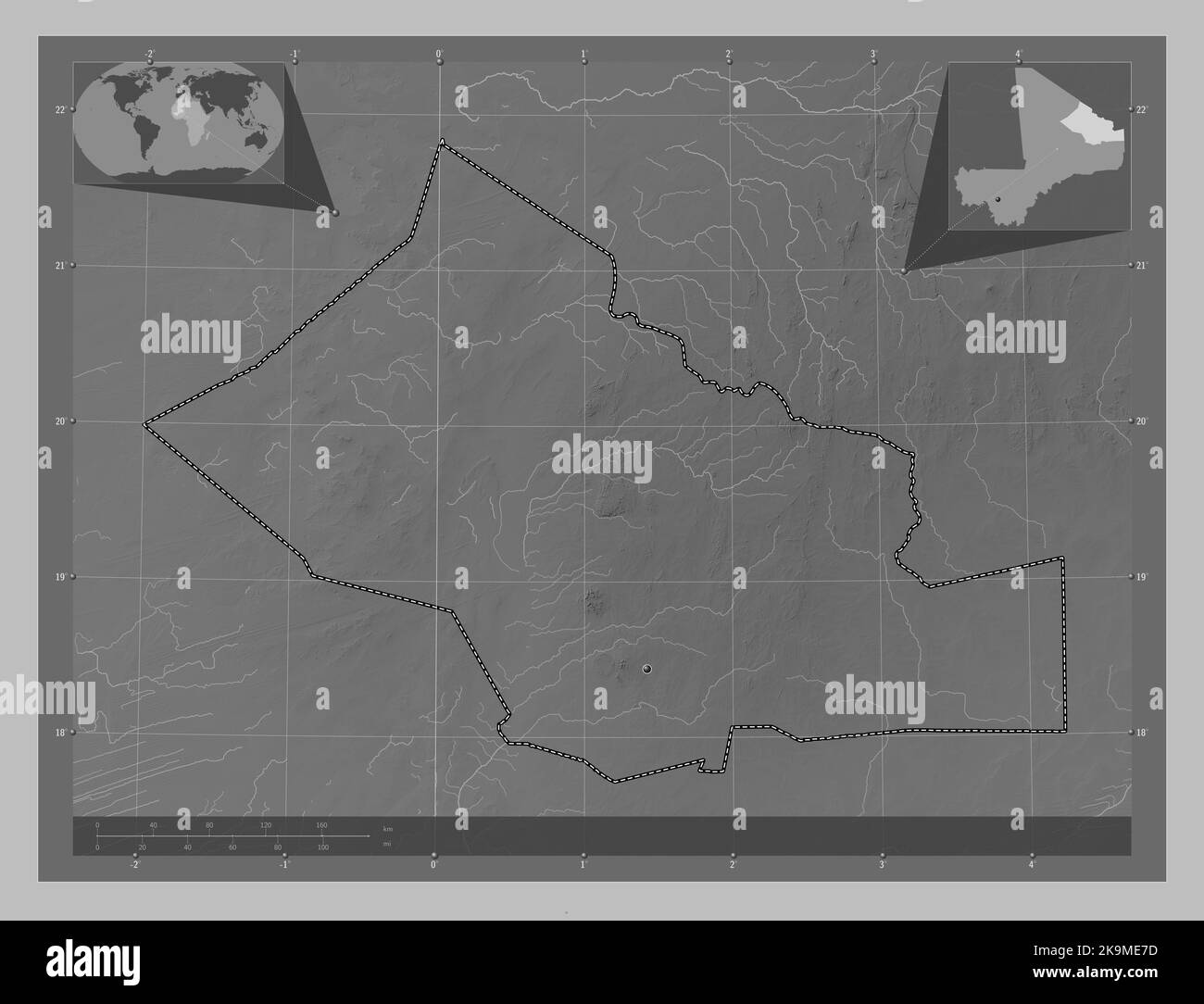 Kidal, region of Mali. Grayscale elevation map with lakes and rivers ...