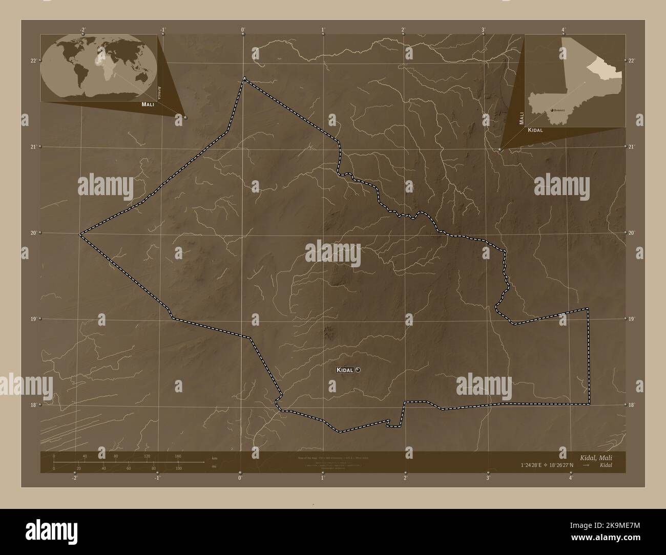 Kidal, region of Mali. Elevation map colored in sepia tones with lakes ...