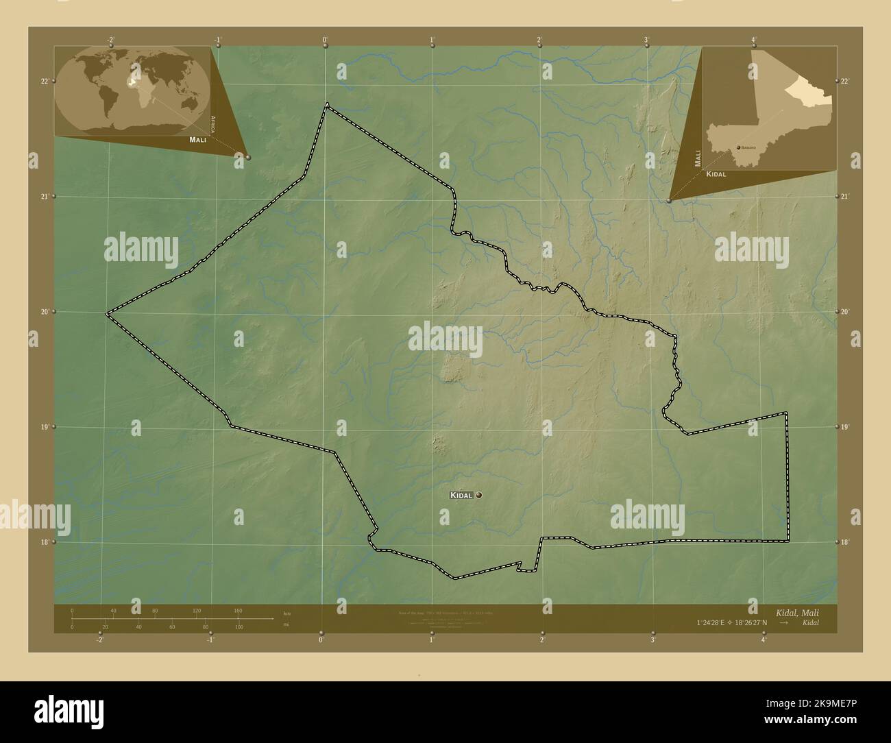 Kidal, region of Mali. Colored elevation map with lakes and rivers ...