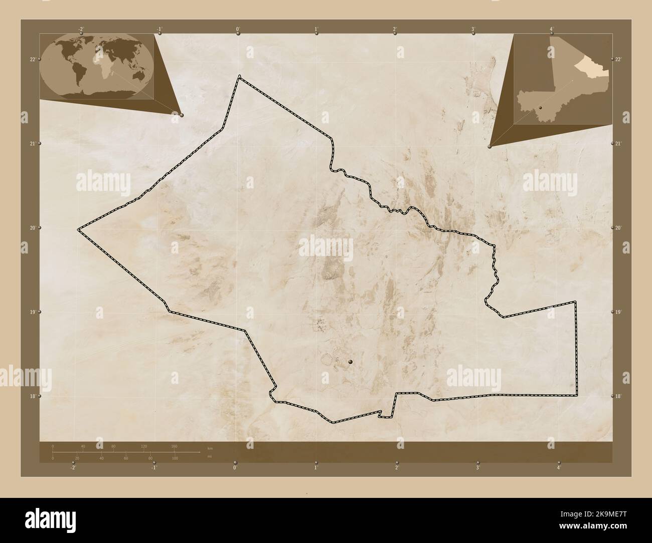 Kidal, region of Mali. Low resolution satellite map. Corner auxiliary ...