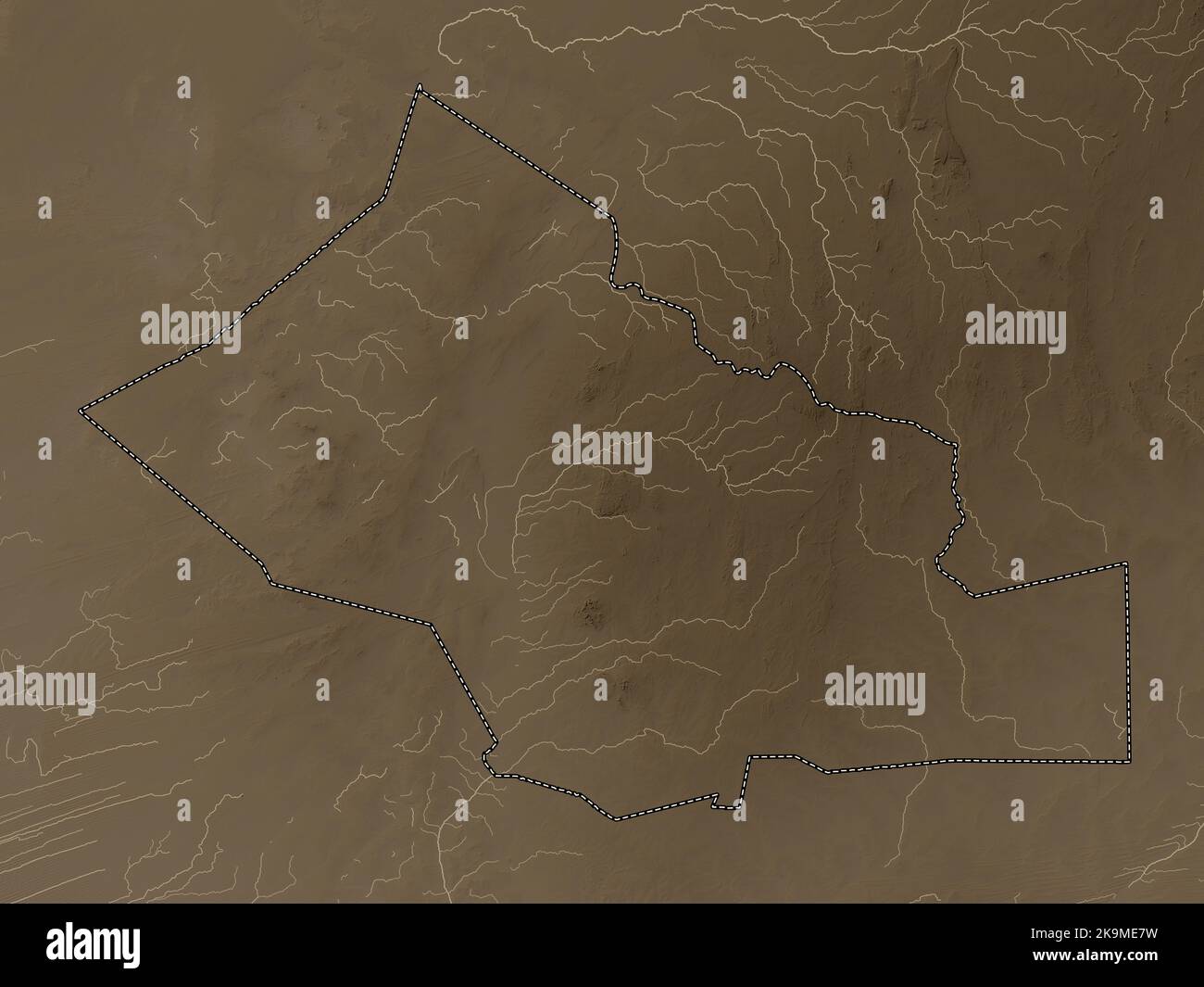 Kidal, region of Mali. Elevation map colored in sepia tones with lakes ...
