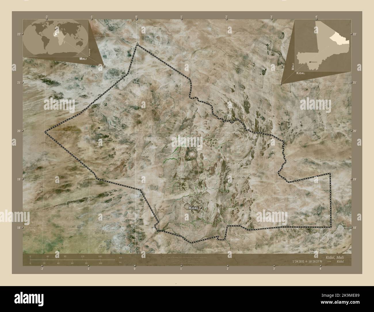 Kidal, region of Mali. High resolution satellite map. Locations and ...