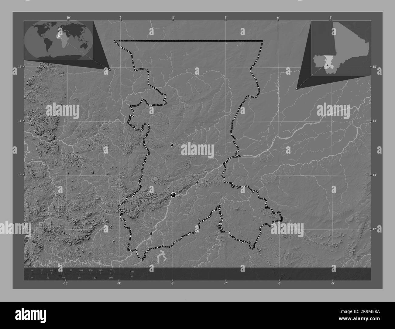 Koulikoro, region of Mali. Bilevel elevation map with lakes and rivers ...