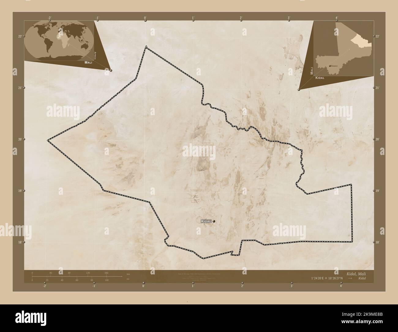 Kidal, region of Mali. Low resolution satellite map. Locations and ...
