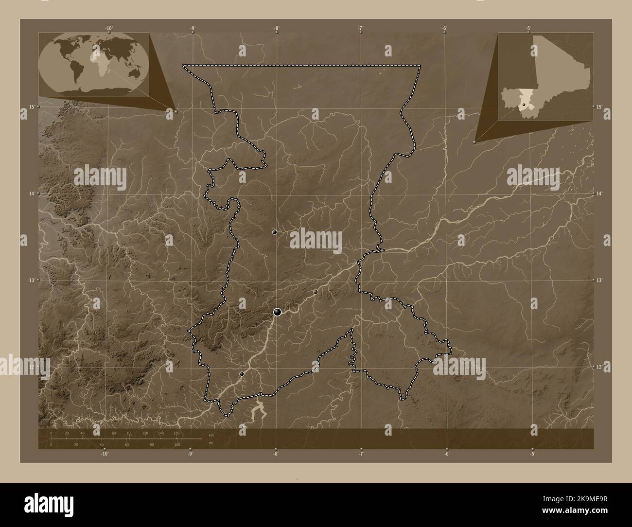 Koulikoro, region of Mali. Elevation map colored in sepia tones with ...