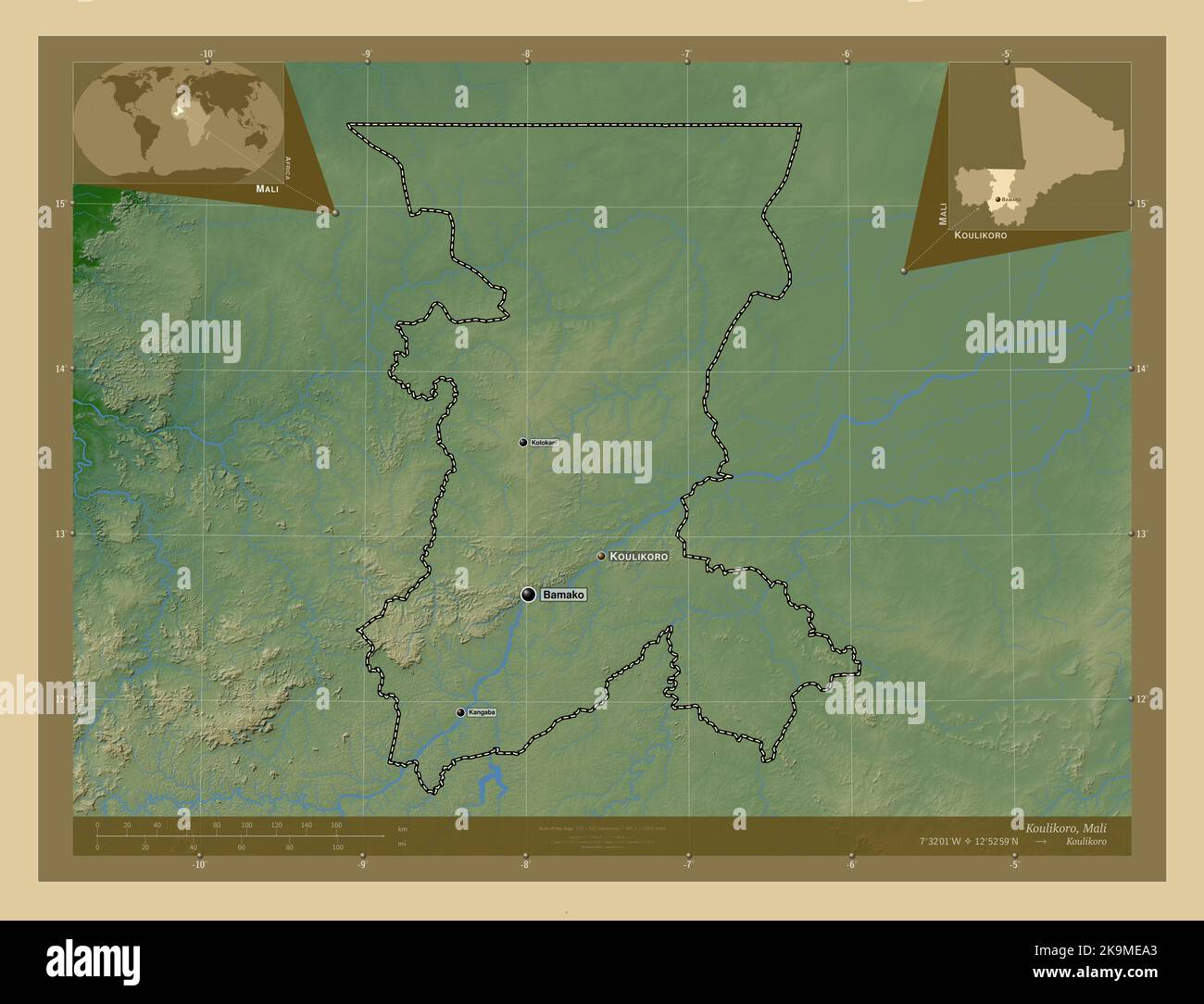 Koulikoro, region of Mali. Colored elevation map with lakes and rivers ...