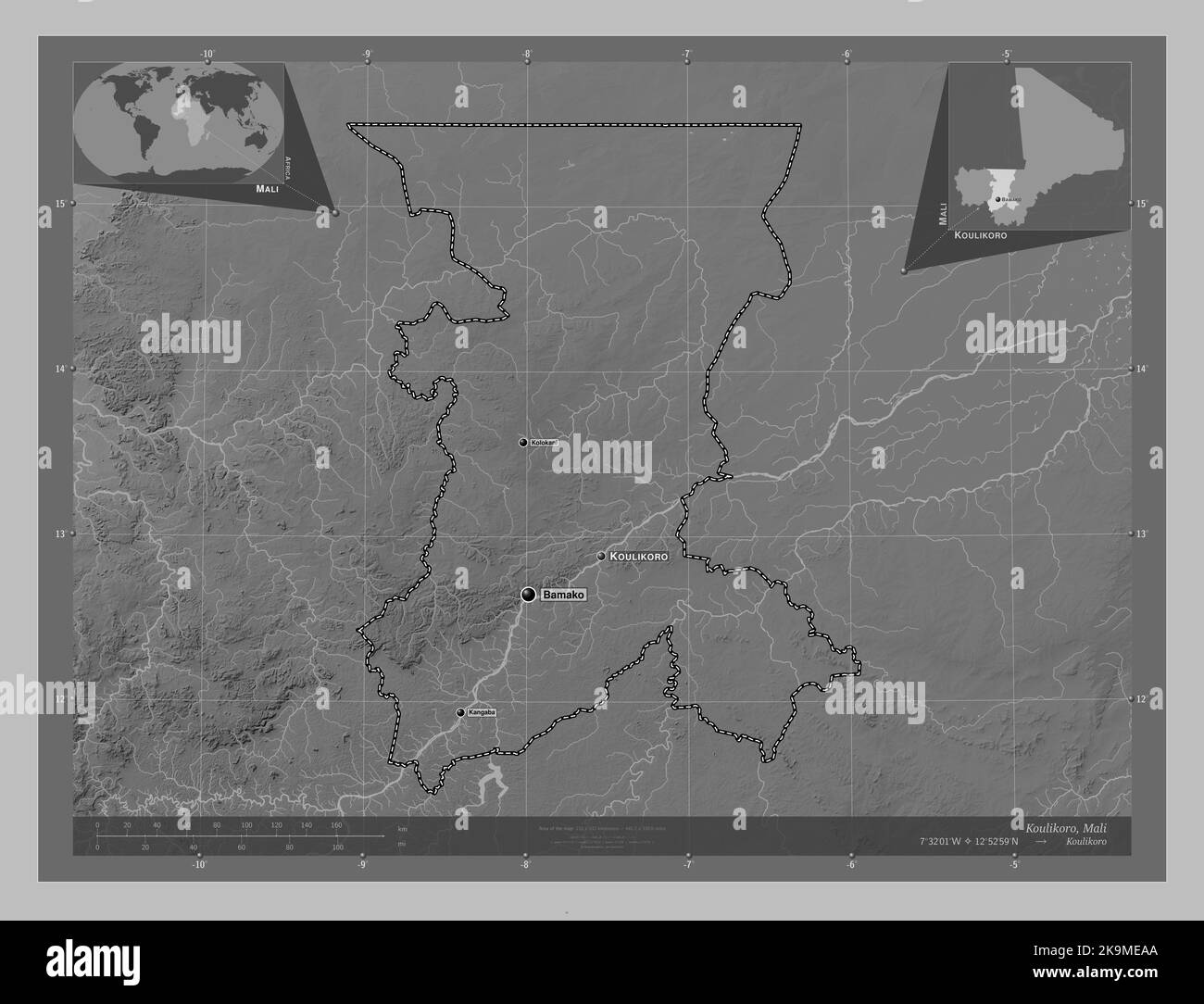Koulikoro, region of Mali. Grayscale elevation map with lakes and ...
