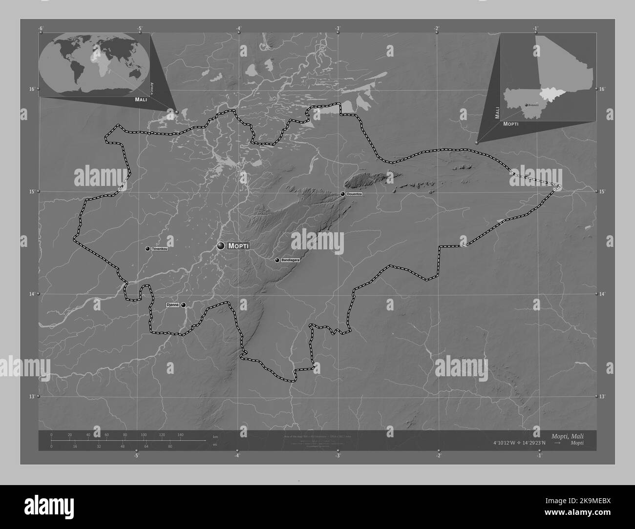 Mopti, region of Mali. Grayscale elevation map with lakes and rivers ...