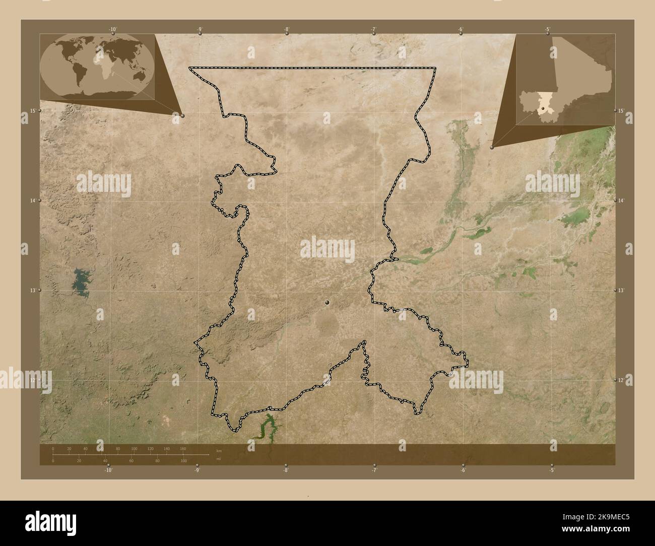 Koulikoro, region of Mali. Low resolution satellite map. Corner ...