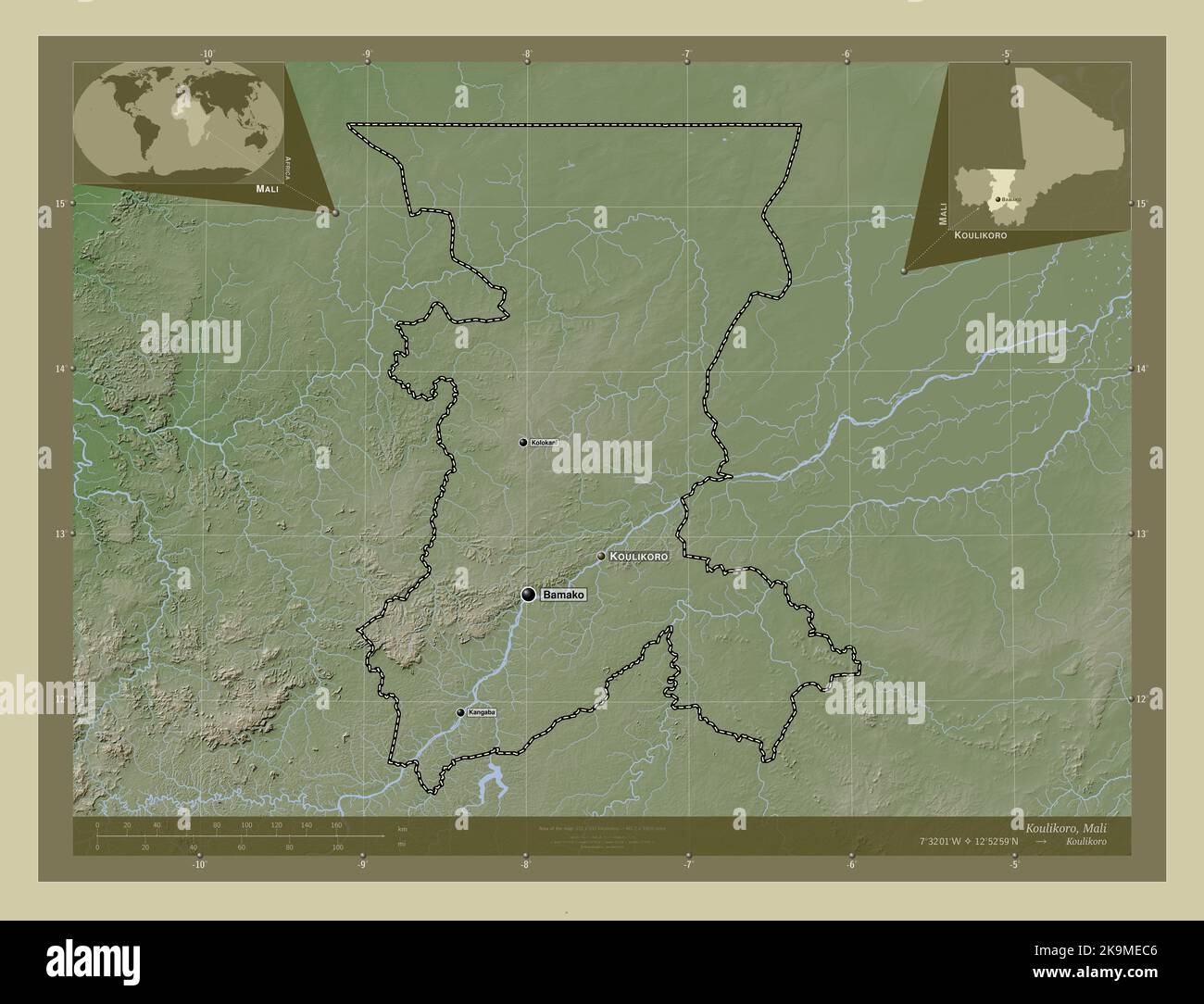 Koulikoro, region of Mali. Elevation map colored in wiki style with ...