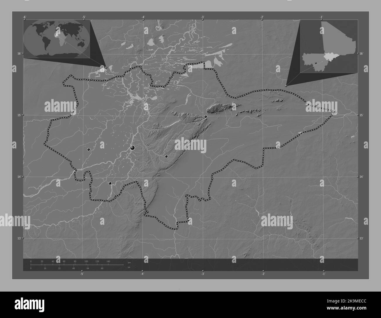 Mopti, region of Mali. Bilevel elevation map with lakes and rivers ...