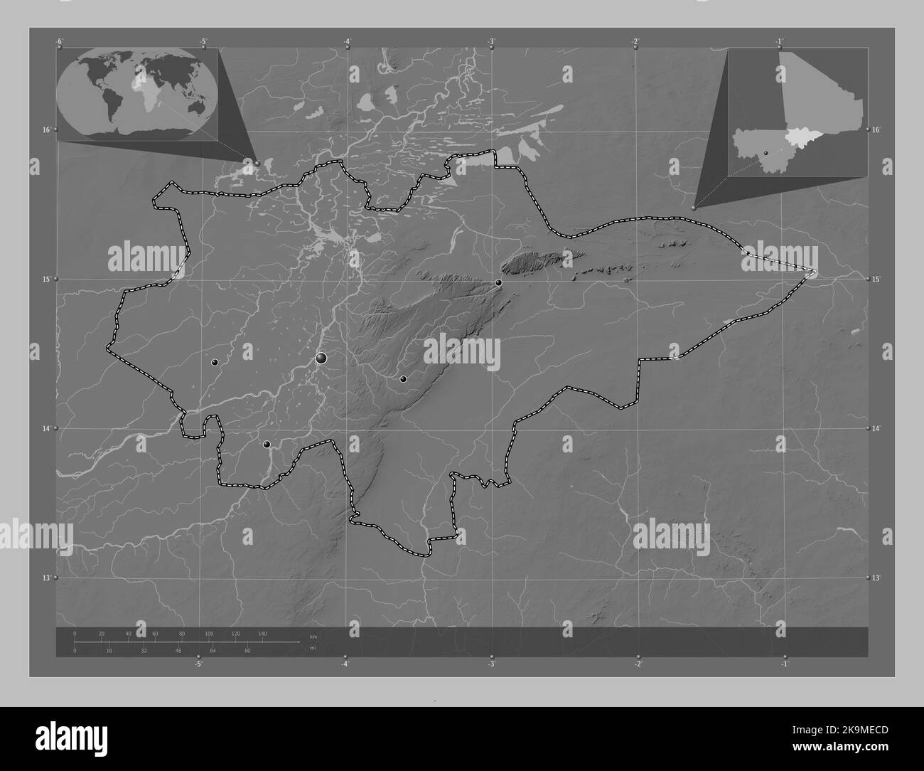 Mopti, region of Mali. Grayscale elevation map with lakes and rivers ...