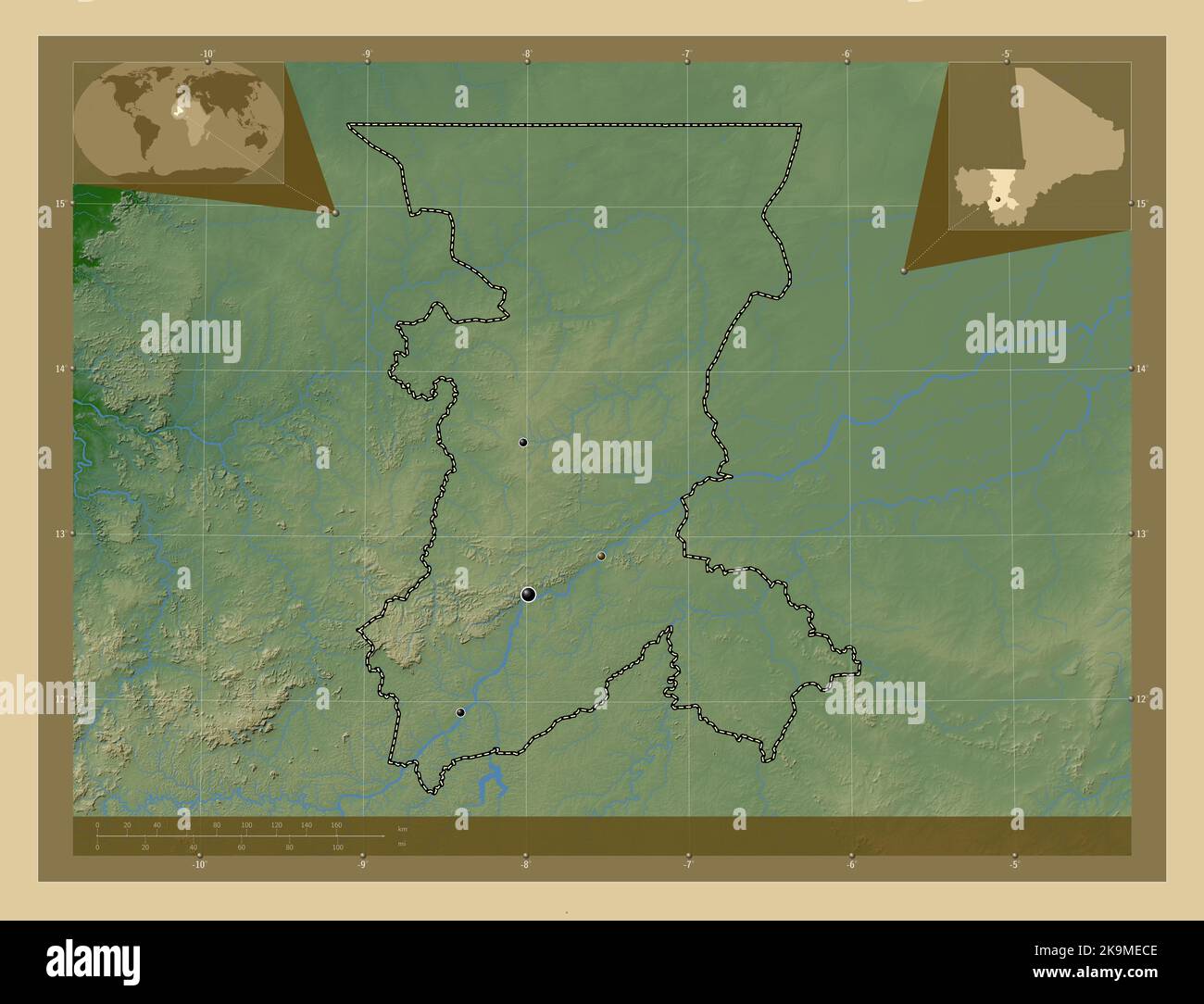 Koulikoro, region of Mali. Colored elevation map with lakes and rivers ...