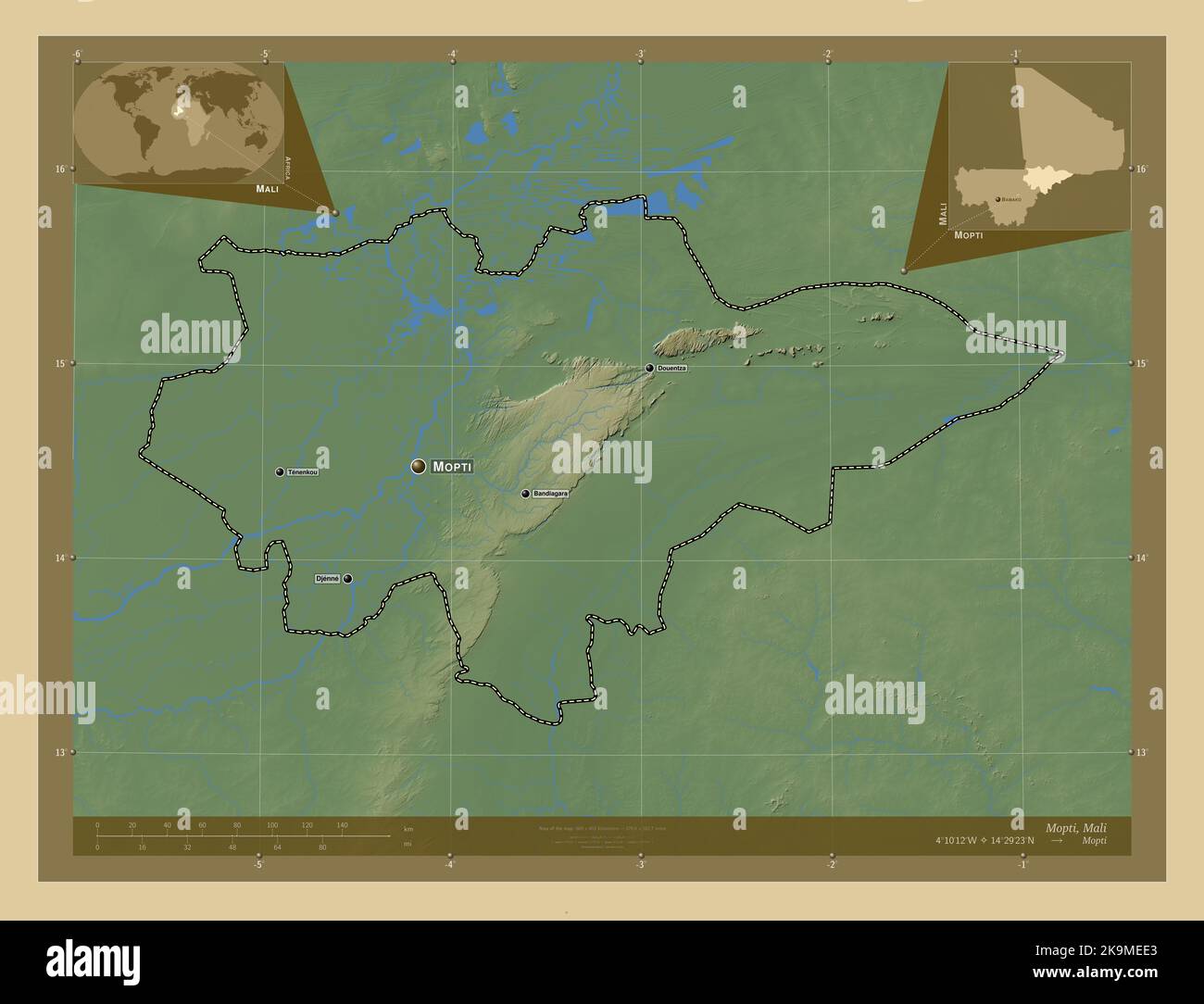 Mopti, region of Mali. Colored elevation map with lakes and rivers ...