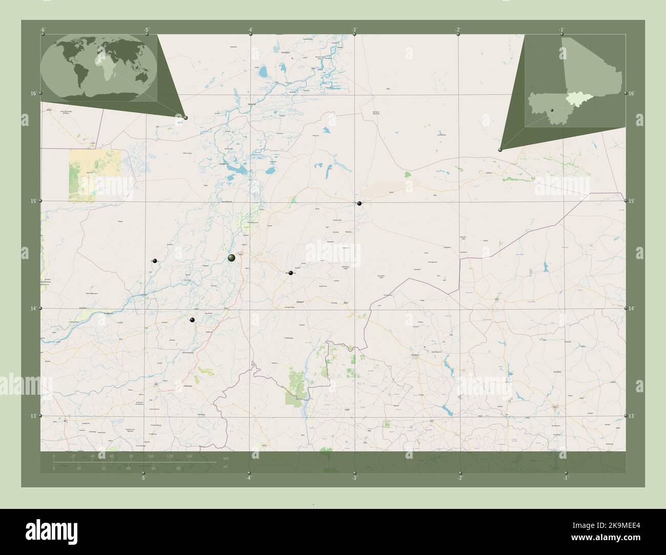 Mopti, region of Mali. Open Street Map. Locations of major cities of the region. Corner ...
