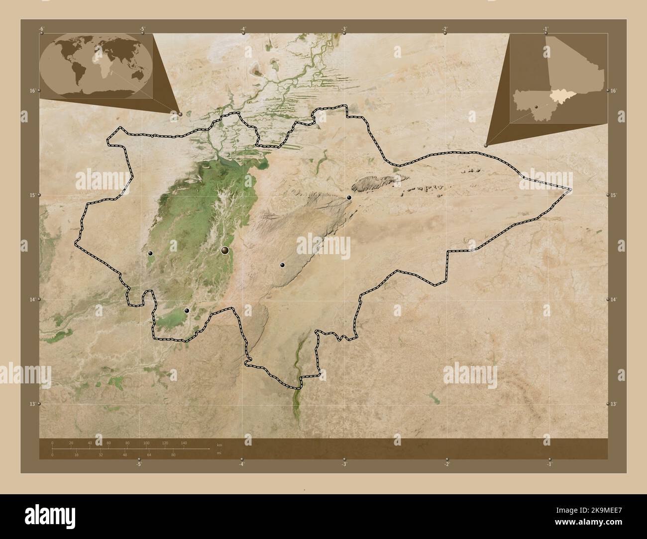 Mopti, region of Mali. Low resolution satellite map. Locations of major ...