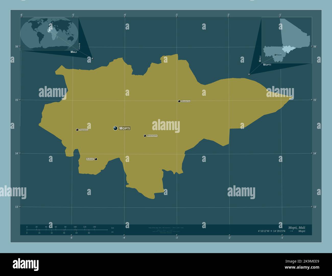 Mopti, region of Mali. Solid color shape. Locations and names of major ...