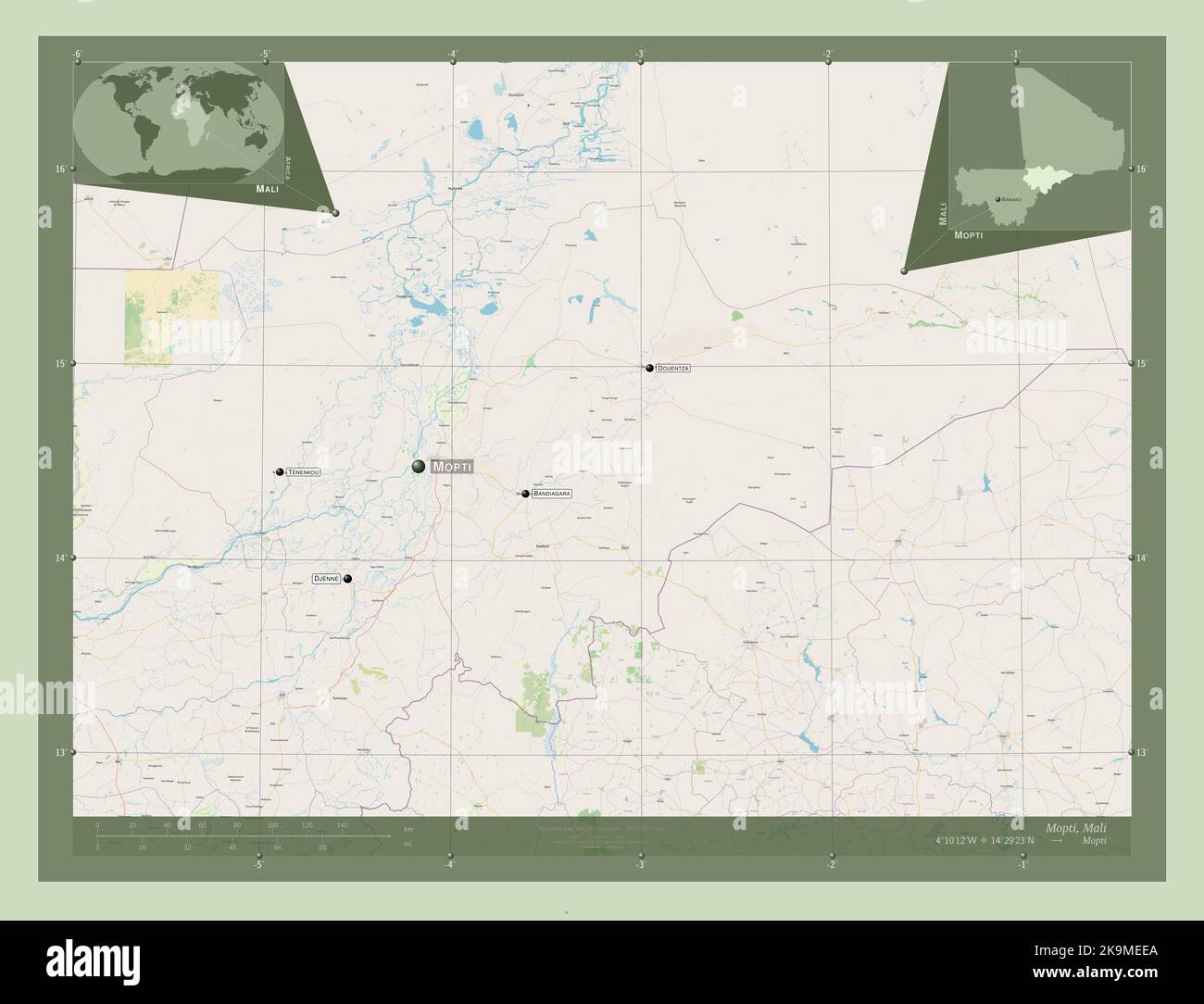 Mopti, region of Mali. Open Street Map. Locations and names of major ...