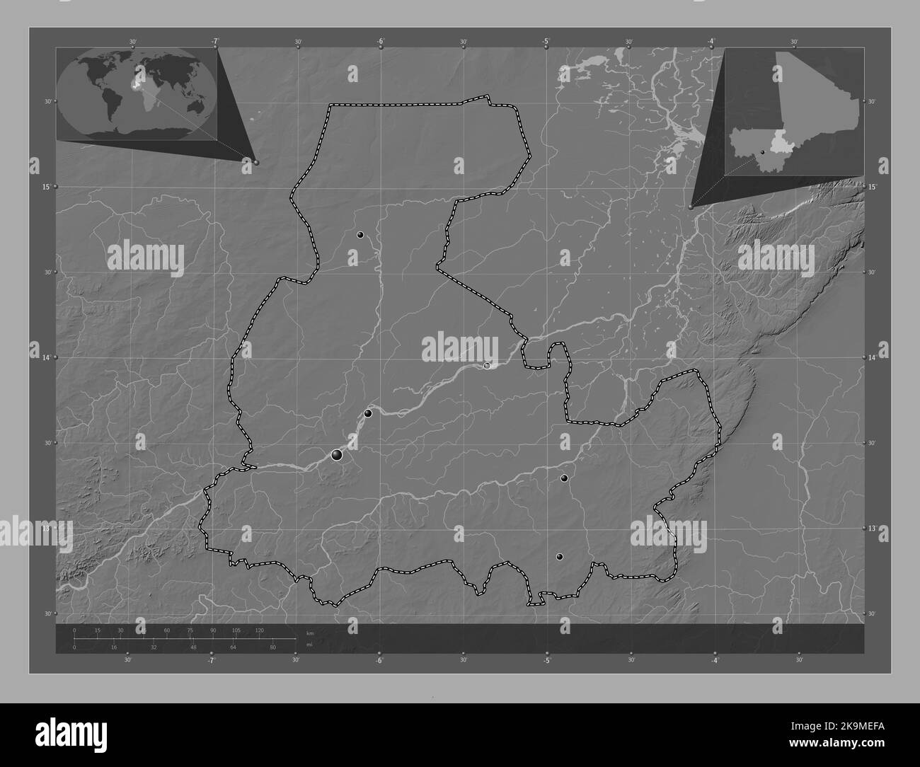 Segou, region of Mali. Bilevel elevation map with lakes and rivers ...