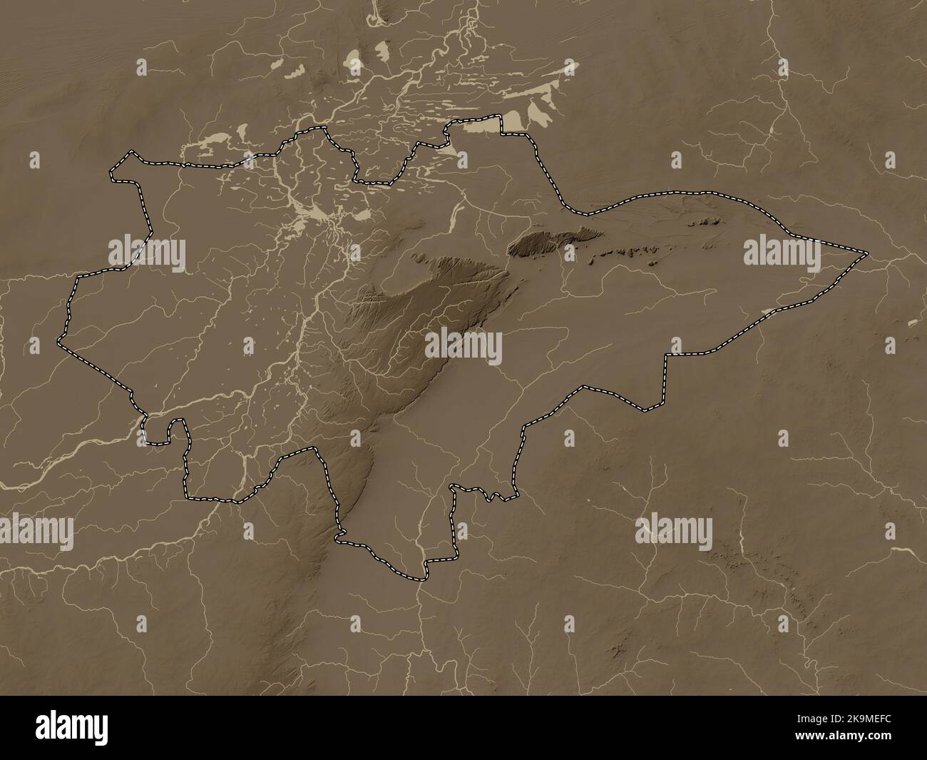 Mopti, region of Mali. Elevation map colored in sepia tones with lakes ...