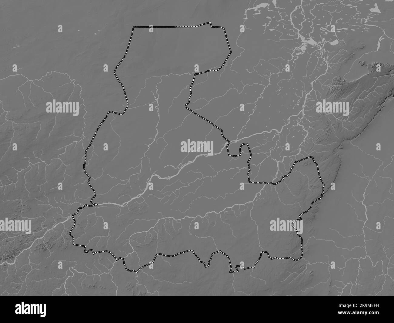 Segou, region of Mali. Grayscale elevation map with lakes and rivers ...