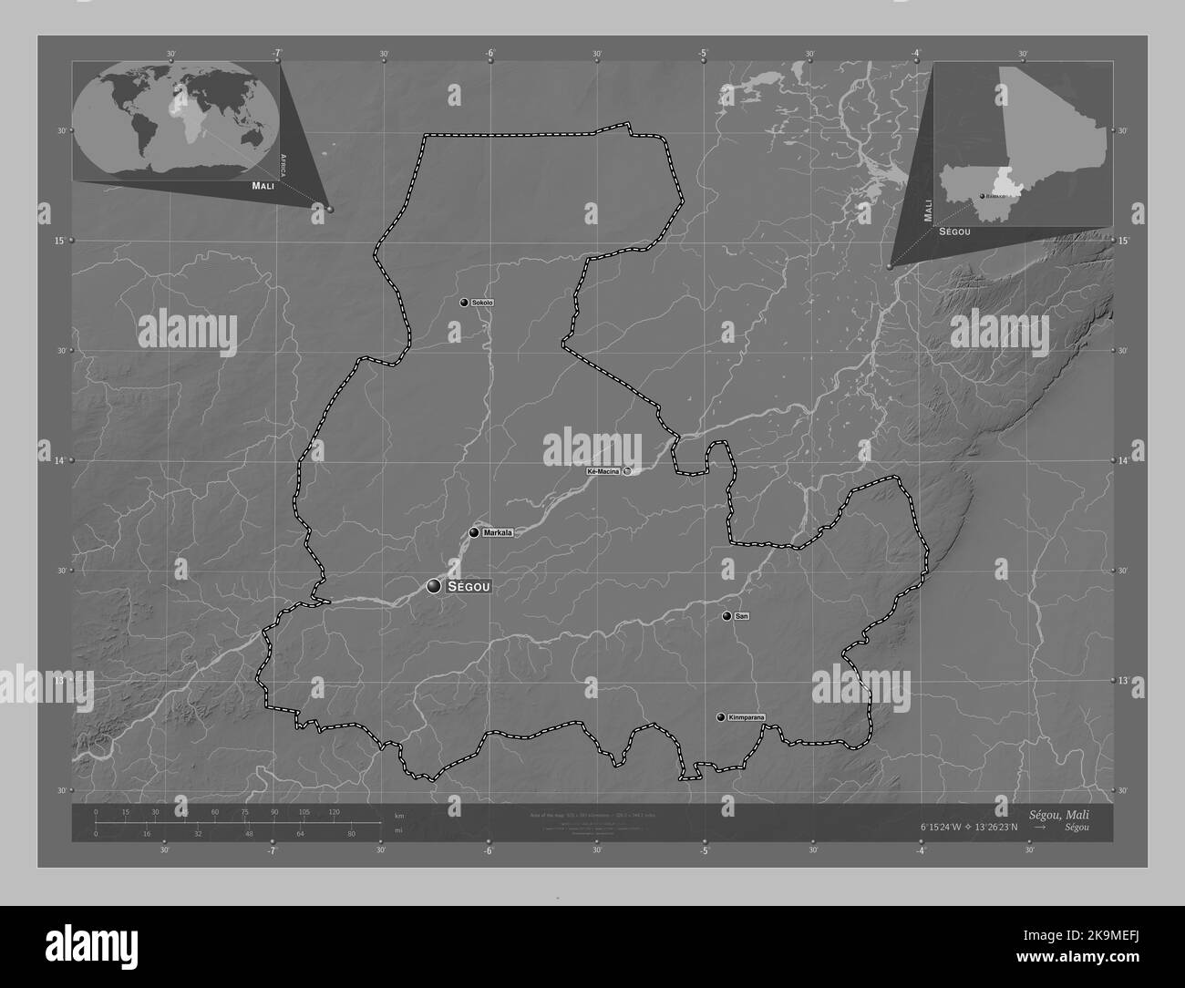 Segou, region of Mali. Grayscale elevation map with lakes and rivers ...