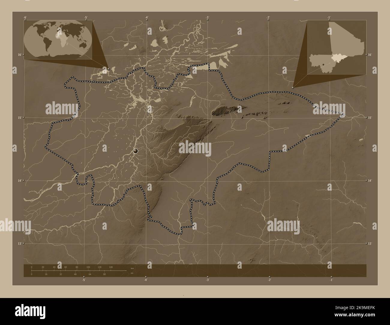 Mopti, region of Mali. Elevation map colored in sepia tones with lakes ...