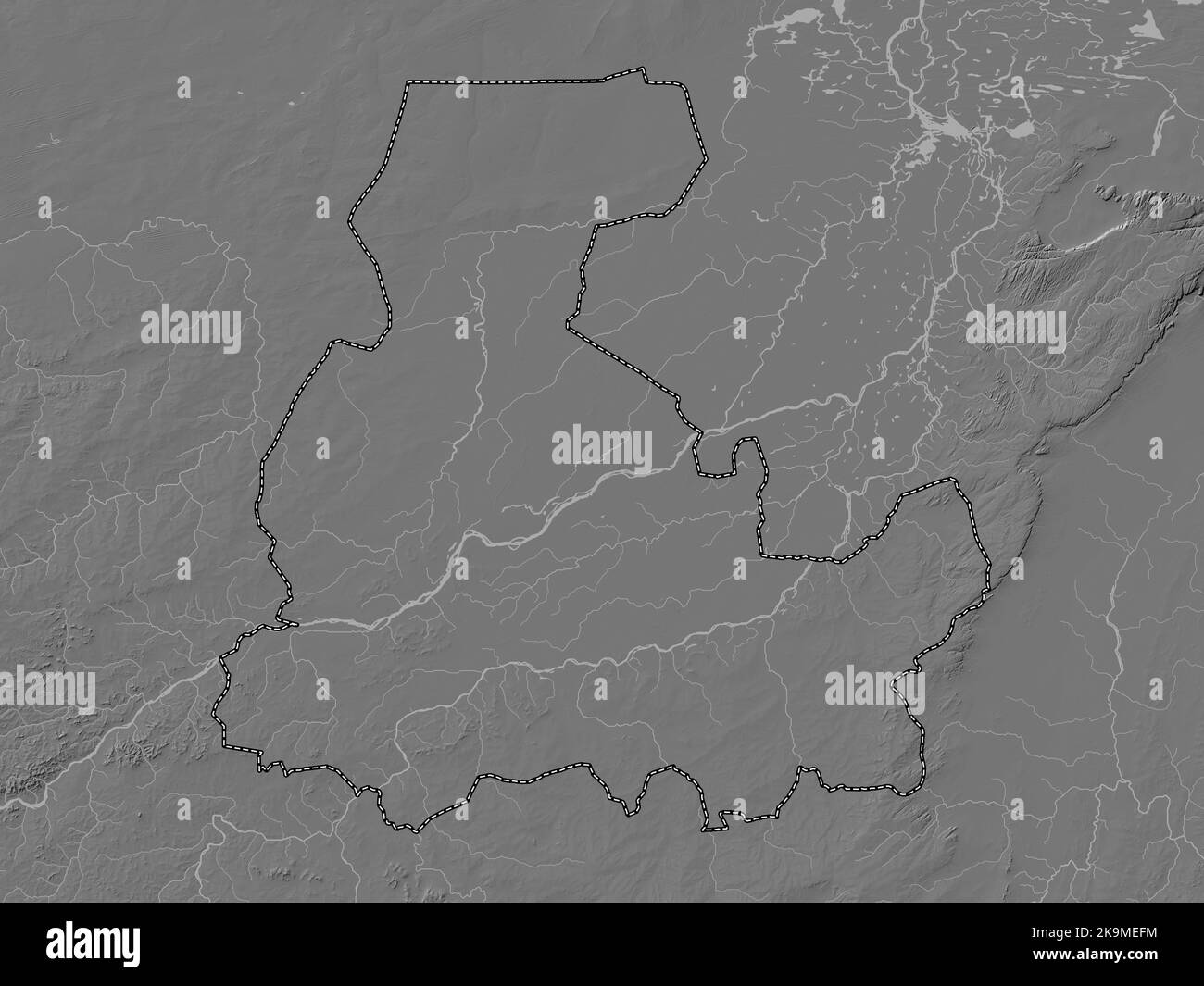 Segou, region of Mali. Bilevel elevation map with lakes and rivers ...