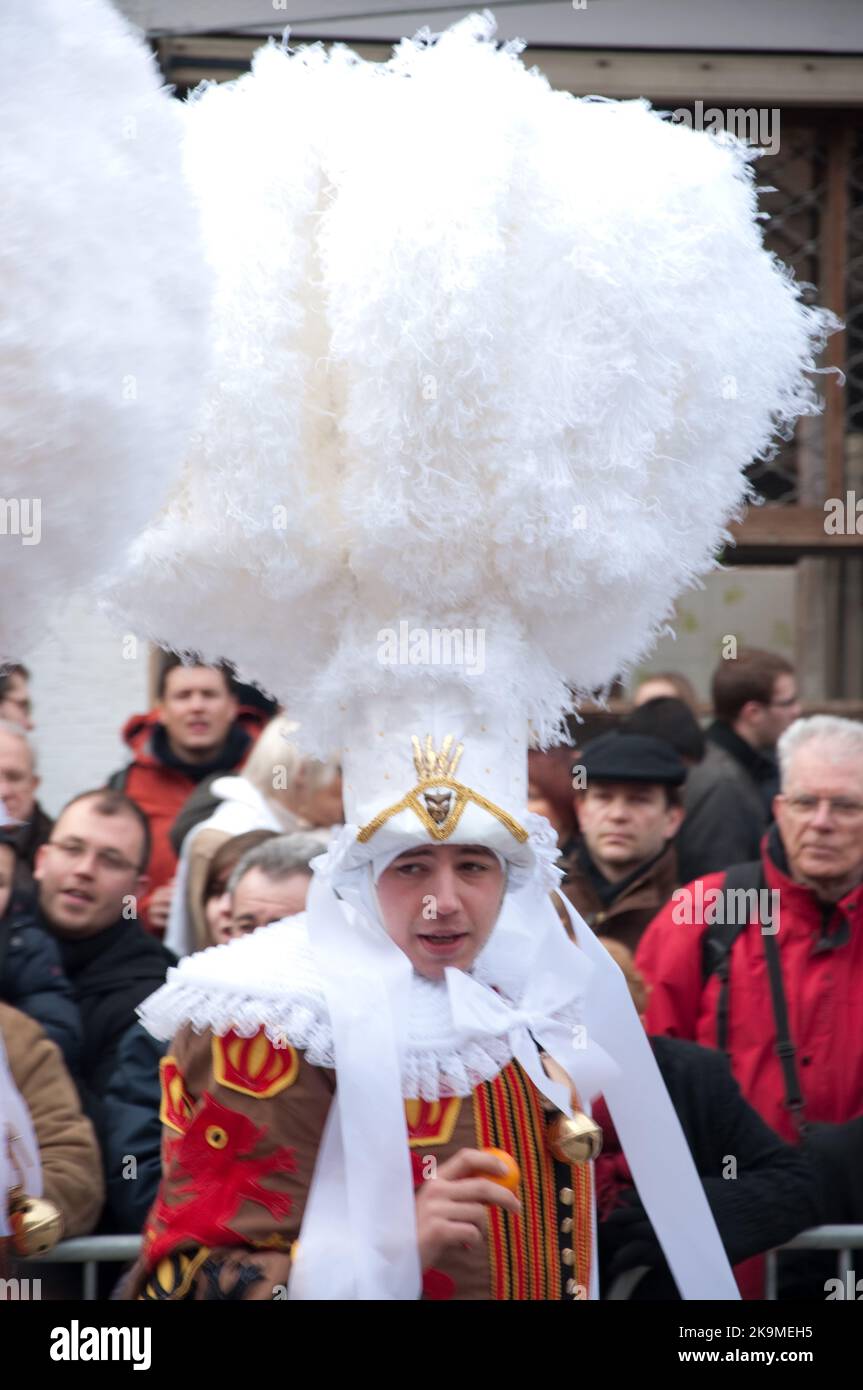 Gilles in traditional dress, Carnival procession, Binche, Belgium - The ...