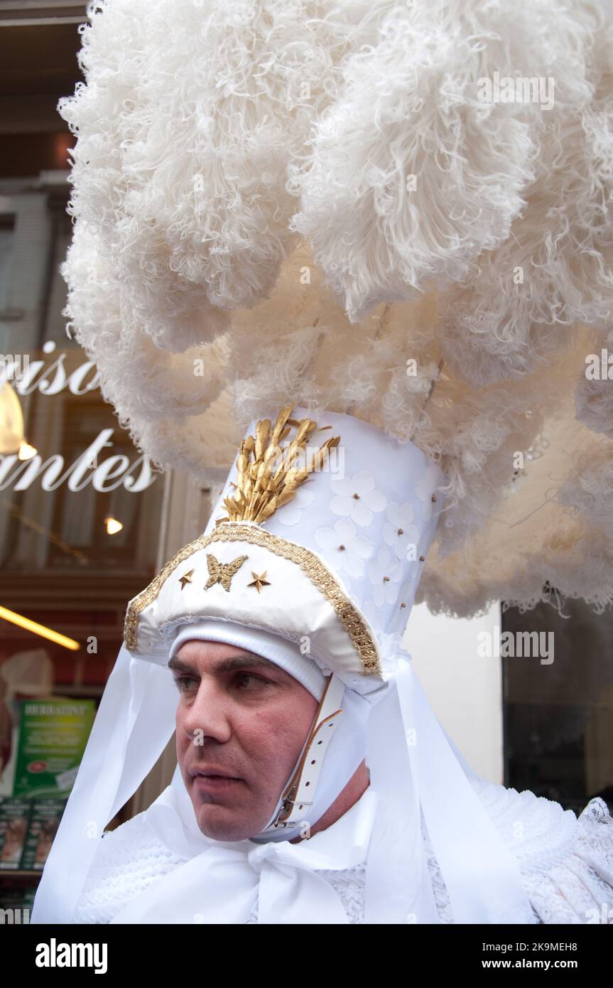 Gilles in traditional dress, Carnival procession, Binche, Belgium - The ...