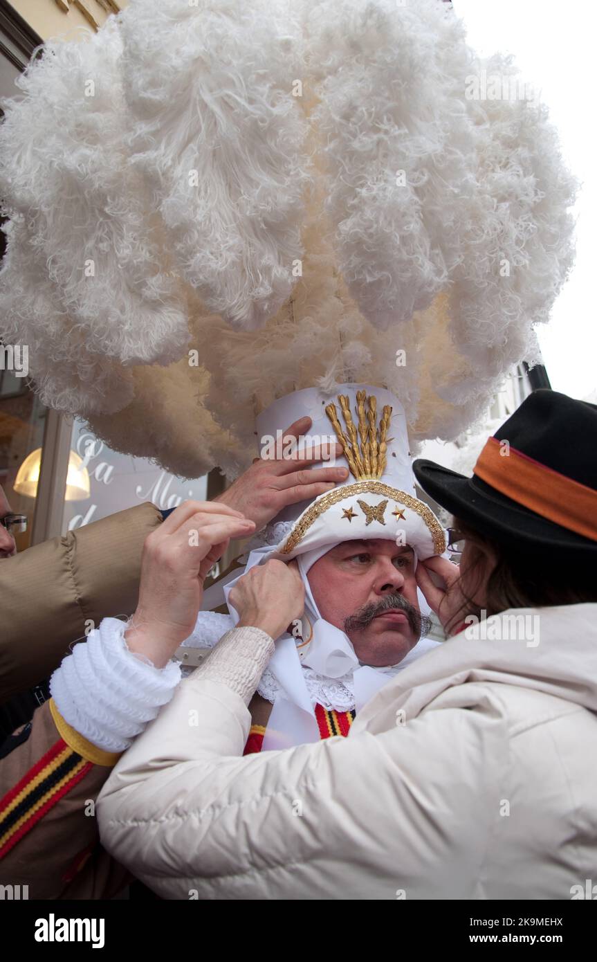 Gilles in traditional dress, Carnival procession, Binche, Belgium - The ...