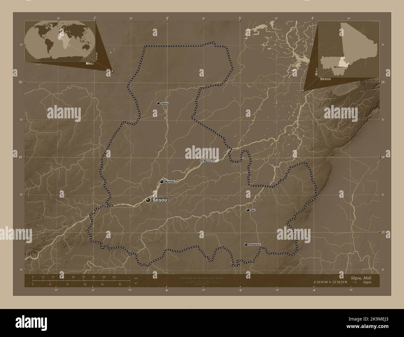 Segou, region of Mali. Elevation map colored in sepia tones with lakes ...