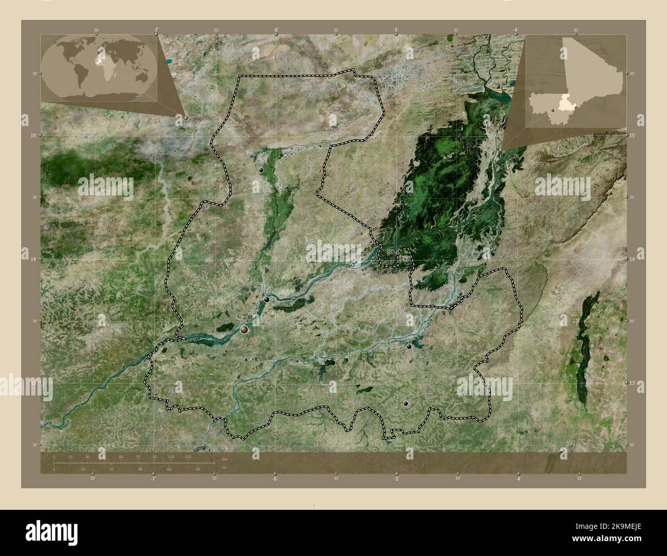 Segou, region of Mali. High resolution satellite map. Locations of ...