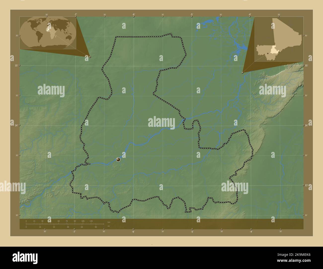 Segou, region of Mali. Colored elevation map with lakes and rivers ...