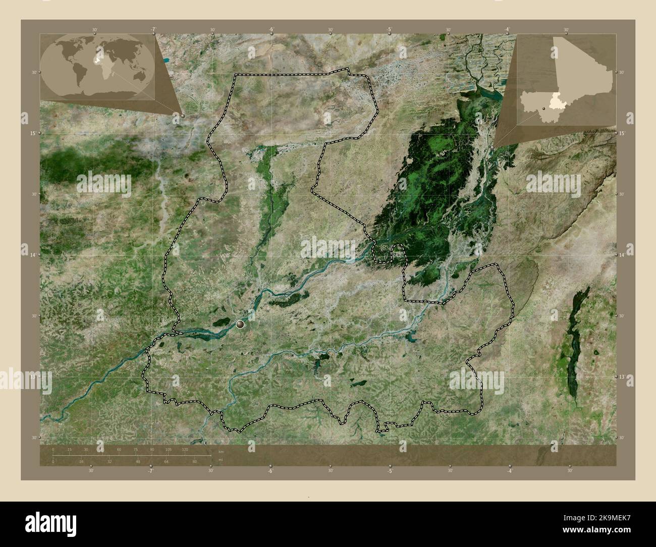 Segou, region of Mali. High resolution satellite map. Corner auxiliary ...