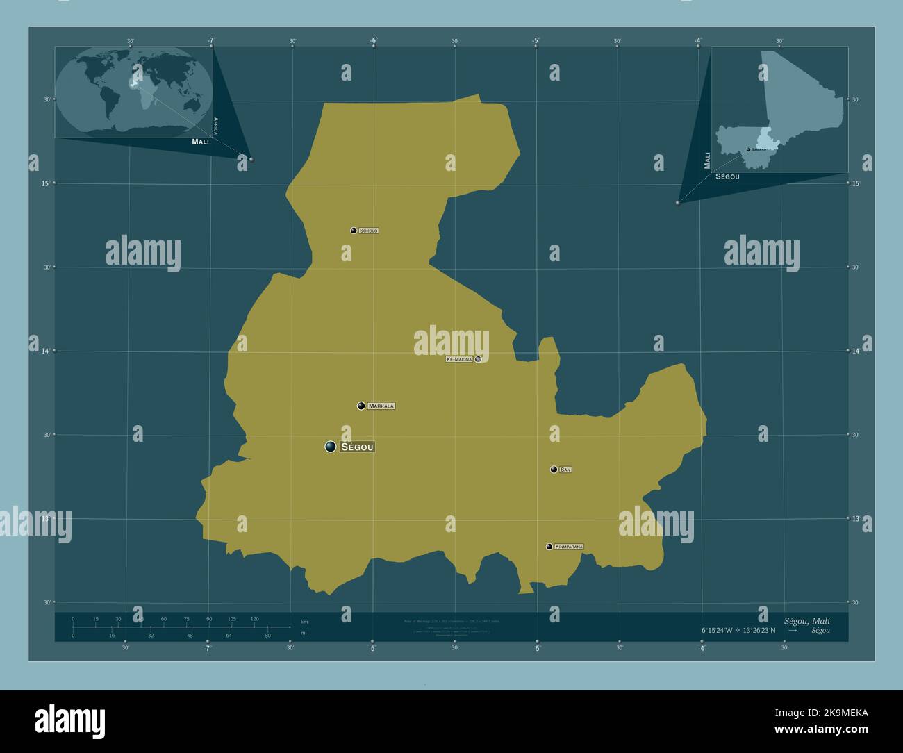 Segou, region of Mali. Solid color shape. Locations and names of major ...