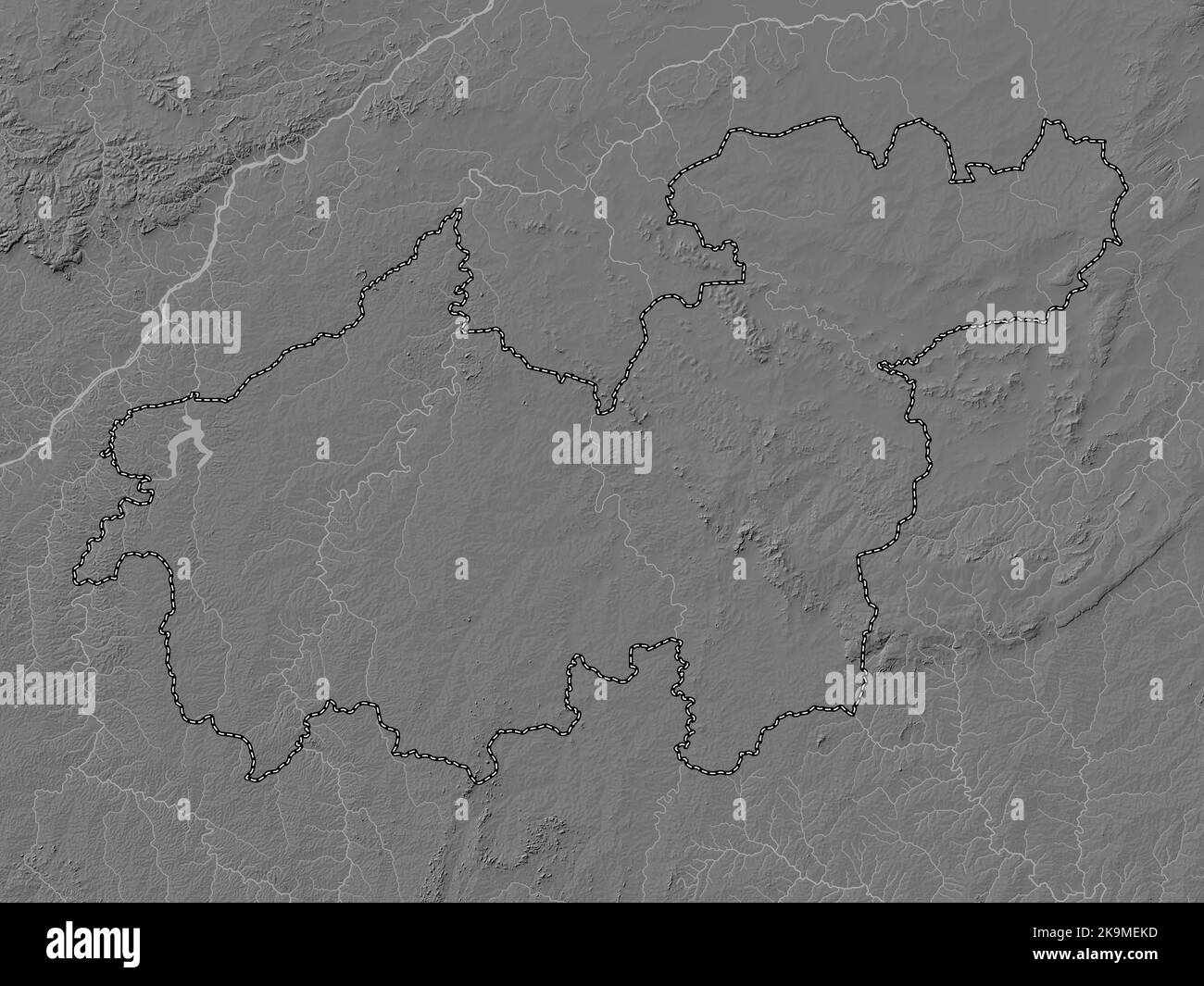 Sikasso, region of Mali. Bilevel elevation map with lakes and rivers ...