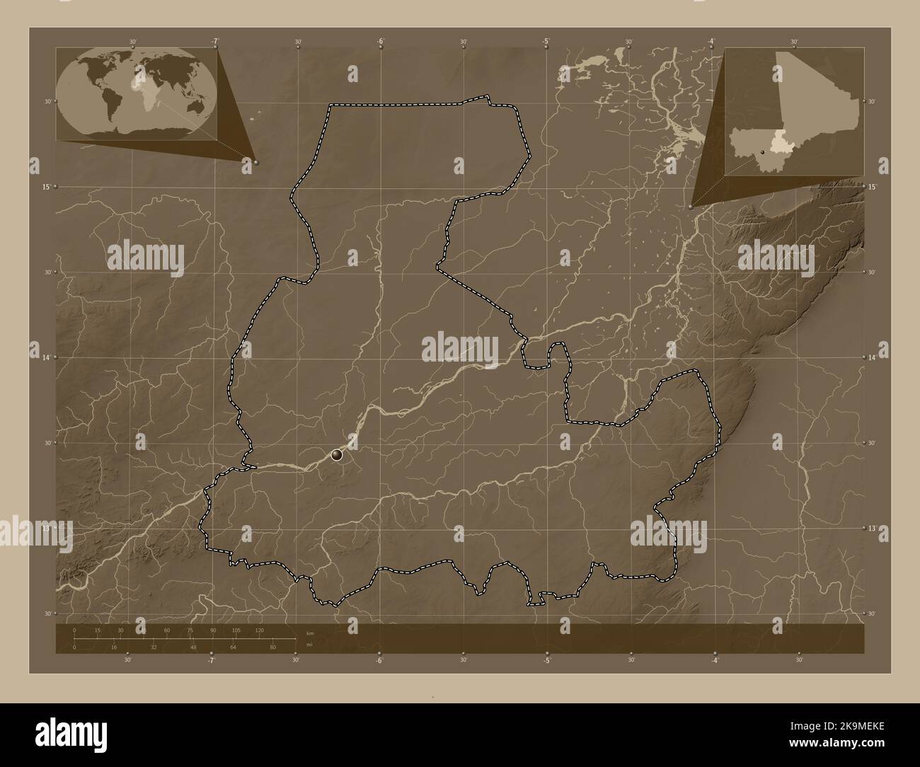 Segou, region of Mali. Elevation map colored in sepia tones with lakes ...