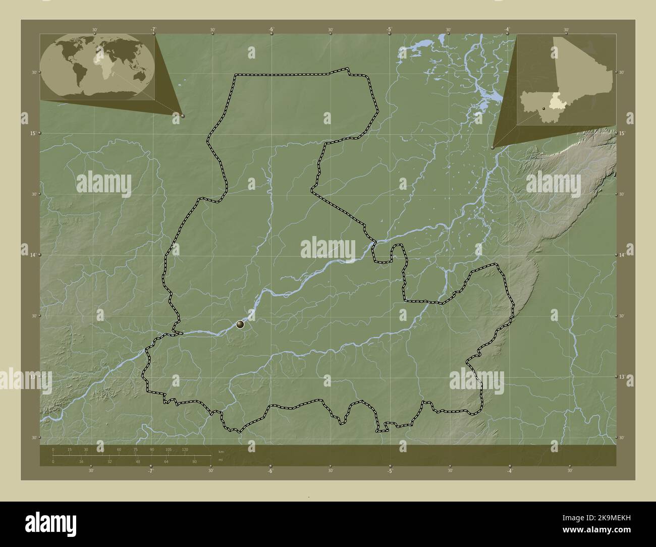 Segou, region of Mali. Elevation map colored in wiki style with lakes and rivers. Corner ...