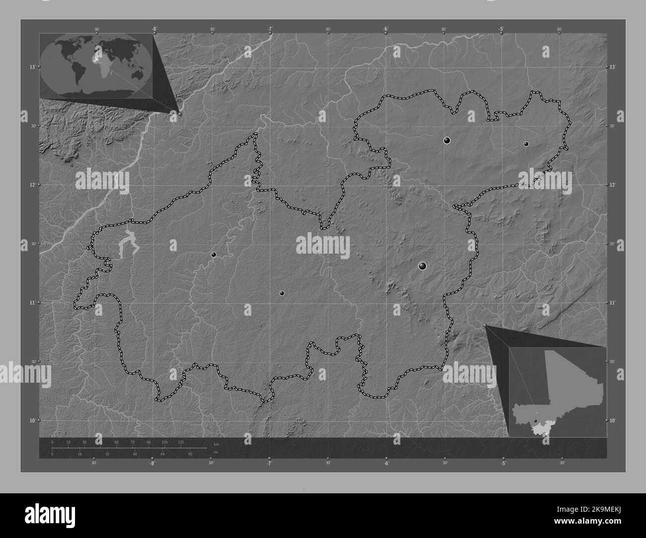 Sikasso, region of Mali. Bilevel elevation map with lakes and rivers ...