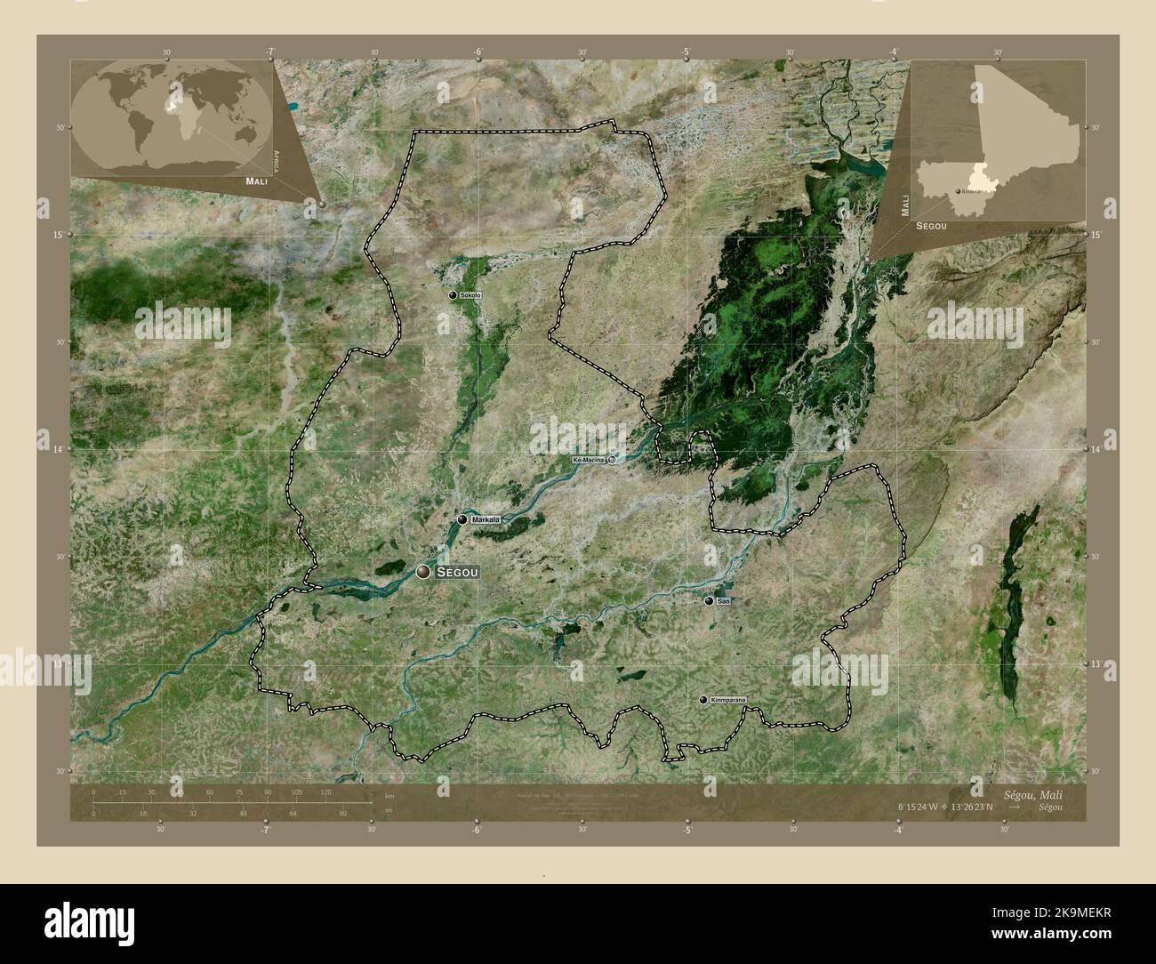 Segou, region of Mali. High resolution satellite map. Locations and ...