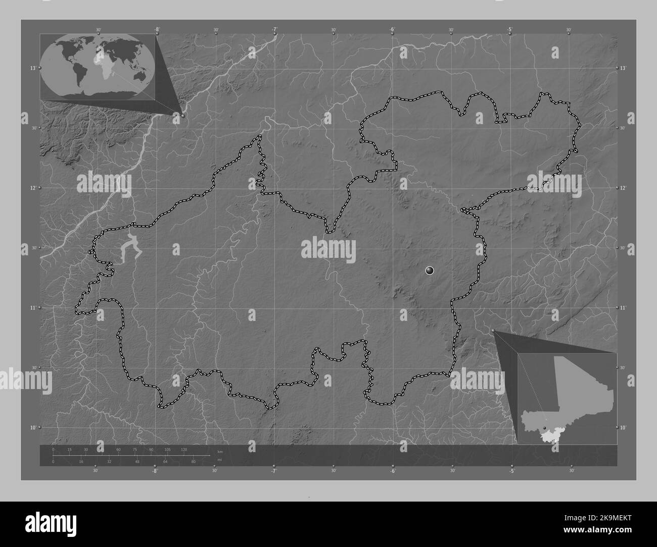 Sikasso, region of Mali. Grayscale elevation map with lakes and rivers ...